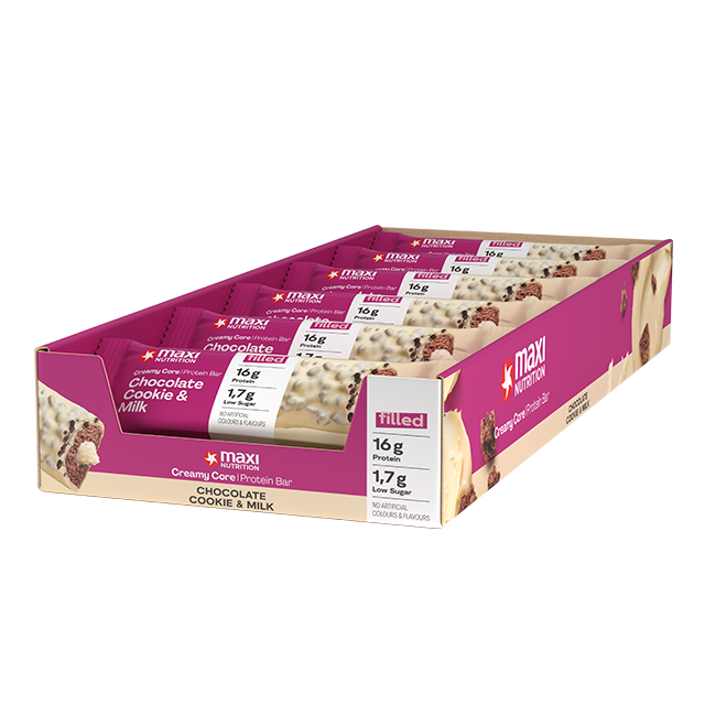 Maxinutrition Creamy Core Protein Bars are stacked full of gooey creamy ...